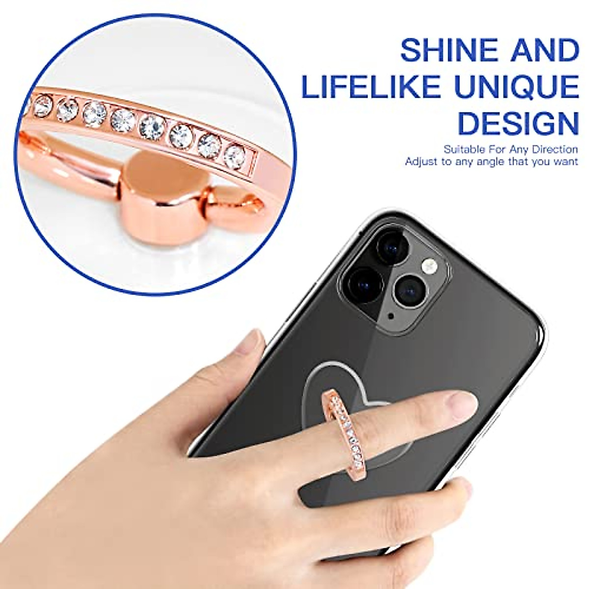 YINHEXI 2 Pcs Transparent Phone Ring Stand Holder Cell Phone Ring Holder Finger Grip 360 Degree Rotation (Rose Gold & Diamond-3)