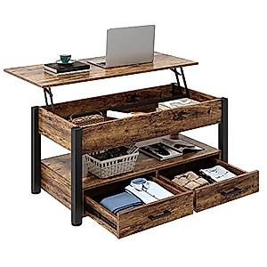 Osfvolr Lift Top Coffee Table, Coffee Table with Storage Drawers and Adjustable Metal Legs, Vintage Wood Living Room Tables with Hidden Compartment and Open Shelf, Brown