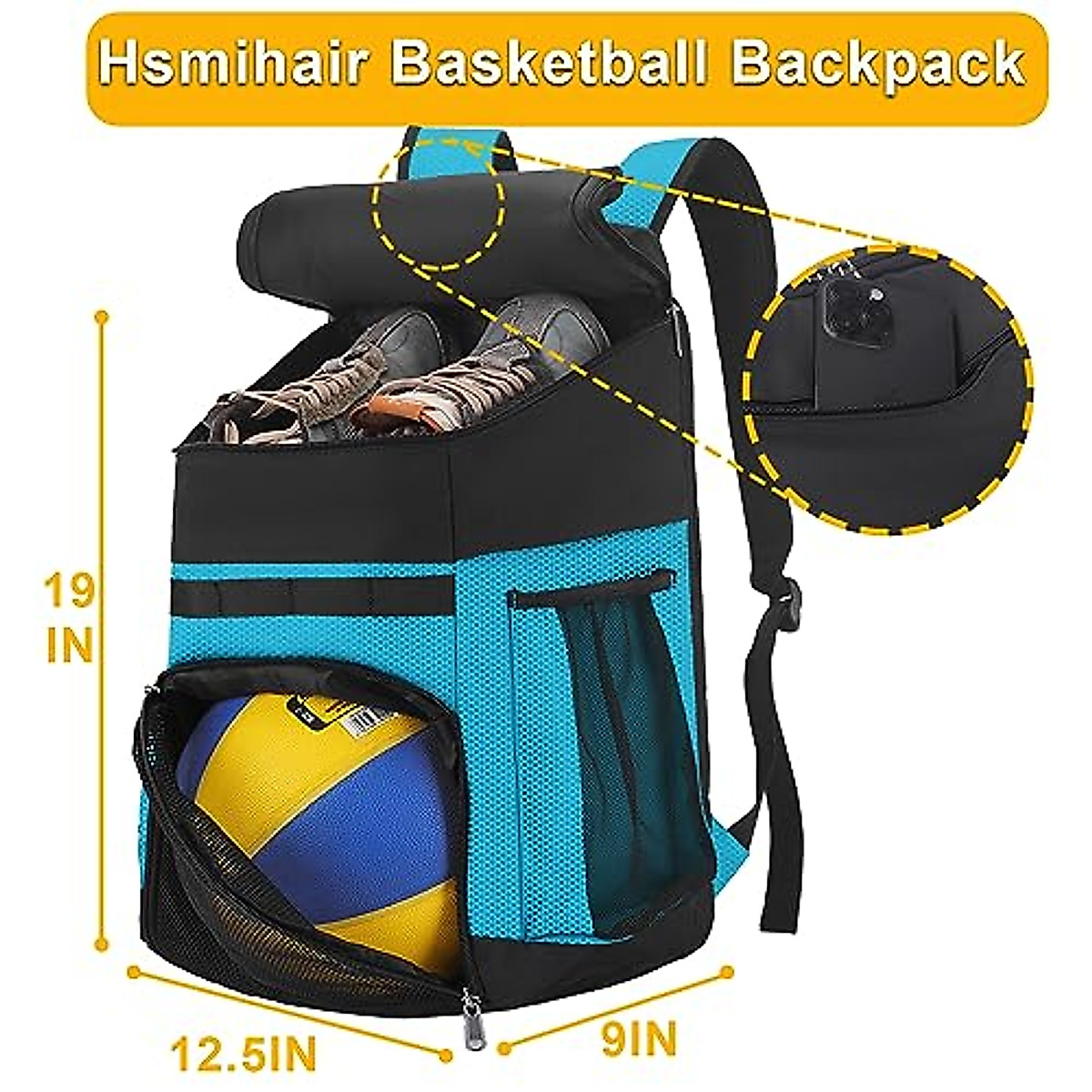 Hsmihair Basketball Backpack&Soccer Bag Youth Soccer backpack with Separate Ball holder & Shoes compartment, Best for Basketball, Volleyball,Football, Soccer,Gym,Swim Training.