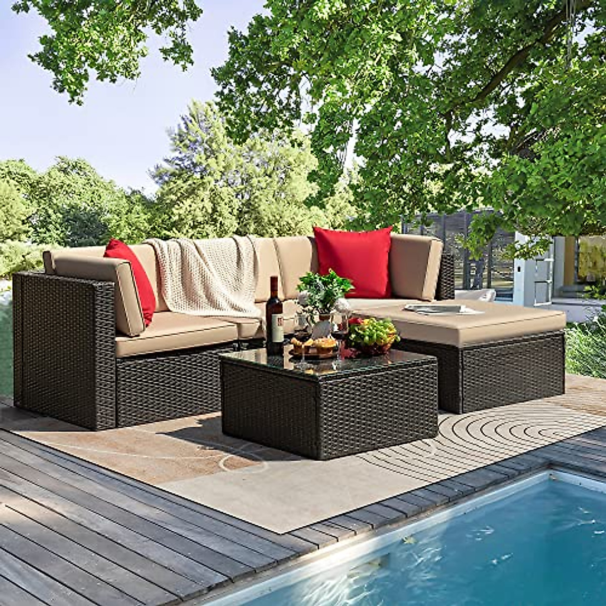 Tuoze 5 Pieces Patio Furniture Sectional Outdoor PE Rattan Wicker Lawn Conversation Cushioned Garden Sofa Set with Glass Coffee Table (Beige)