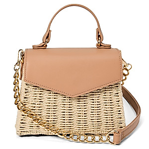 Like Dreams Fashion Chic Woven Straw Crossbody for Women Gold Chain Link Inner Plaid Fashion Summer Purse (Taupe)