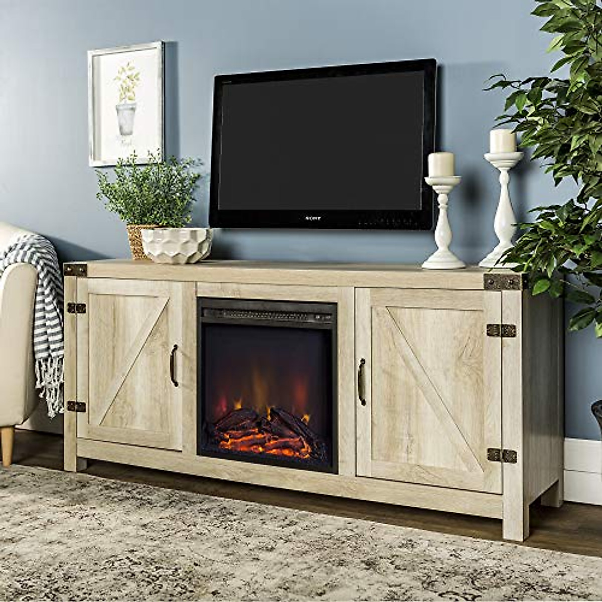 Walker Edison Georgetown Modern Farmhouse Double Barn Door Fireplace TV Stand for TVs up to 65 Inches, 58 Inch, White Oak