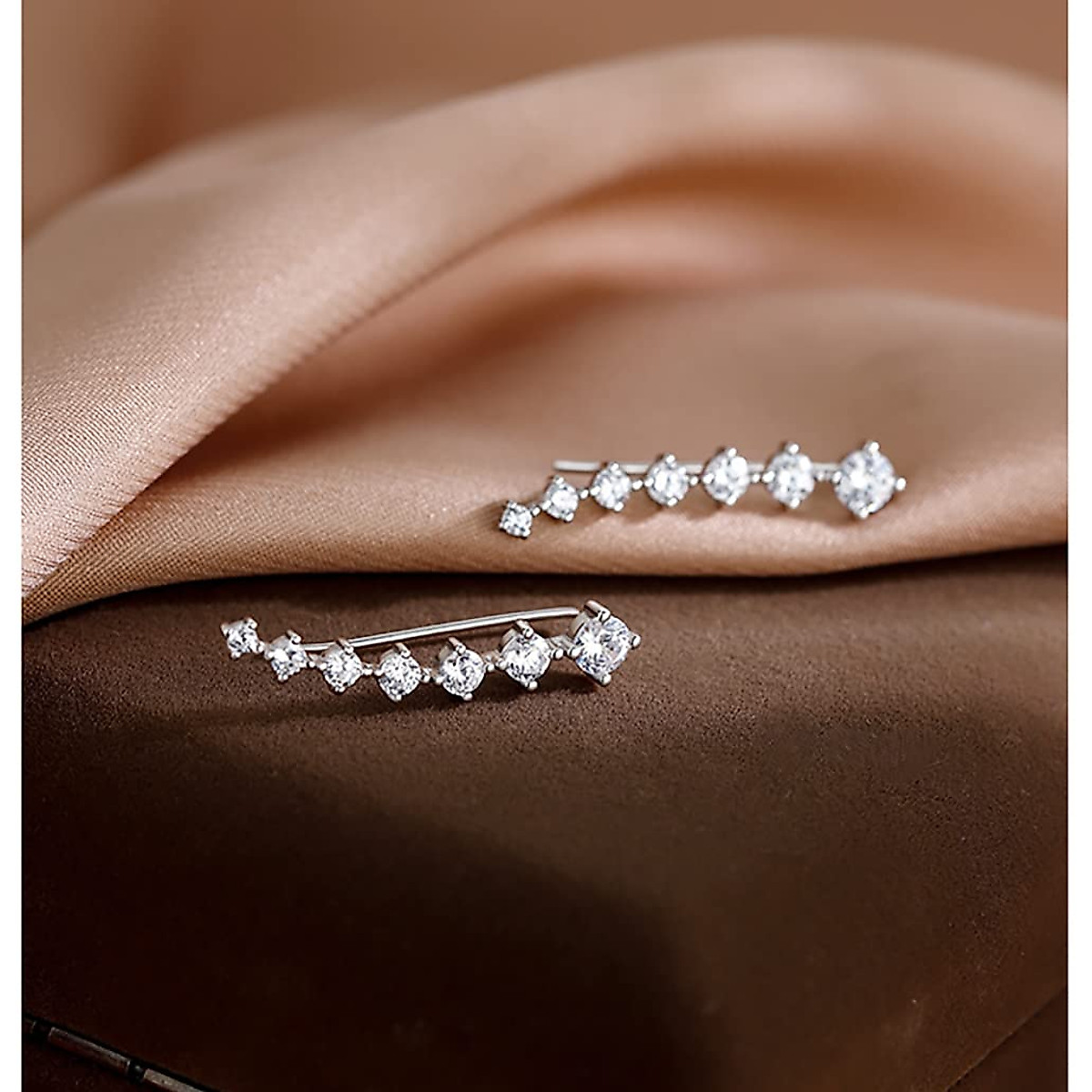 Reffeer 925 Sterling Silver 7 Crystals Ear Cuffs Earrings Climber Wraps for Women Crawler Earrings (A-Silver)