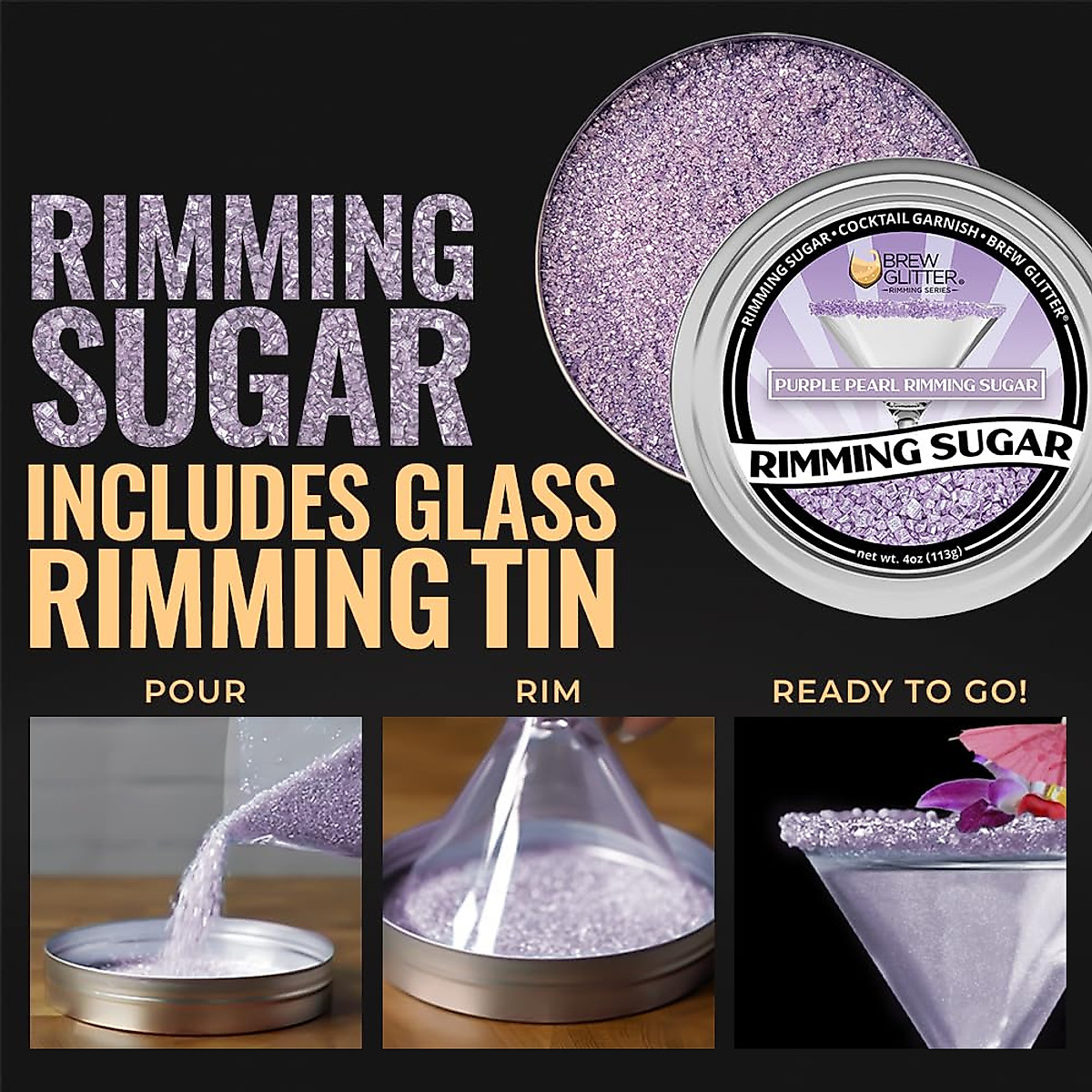 BREW GLITTER Purple Pearl Cocktail Rimming Sugar, Drink Rimmer for Beverages, Cocktails, Margaritas, Drinks, Kosher Certified (4oz, Purple Pearl)