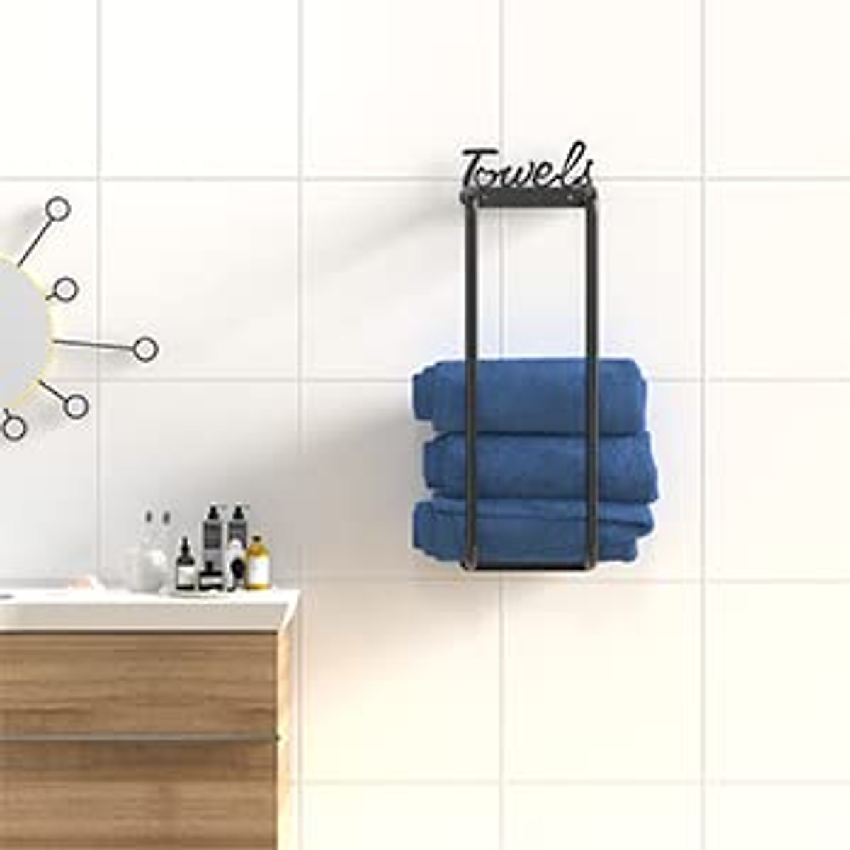 Towel Rack Wall Mounted,Wall Towel Rack for Rolled Towels,Washcloths Bathrobe Storage Shelf Organizer Hand Towels Holder for Bathroom Cloakroom - Black