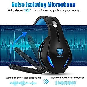 HaiDiKaiSi Gaming Headset for PS4 PC Xbox One PS5 Controller, Noise Cancelling Over Ear Headphones with Mic, Gaming Headphones for Laptop Mac Switch with LED Lights Deep Bass for Kids Adults Blue