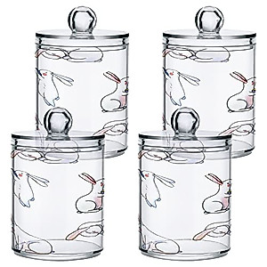 ALAZA Watercolor Rabbit Bunny Easter 2 Pack Qtip Holder Dispenser with Lid 14 Oz Clear Plastic Apothecary Jar Containers Jars Bathroom for Cotton Swab, Ball, Pads, Floss, Vanity Makeup Organizer