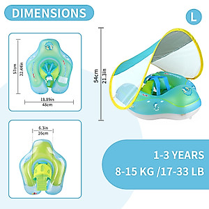 Free Swimming Baby Inflatable Baby Swim Float with Safe Bottom Support and Retractable Canopy for Safer Swim(New Version, L)