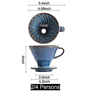 Ceramic Coffee Dripper Filter 60 Angle Tapered 02-4Cup Pour Over Coffee Ceramic Hand Brew Coffee Cup Retro Filter Set Reusable Portable Coffee Maker (2/4 People Large - Sky Blue)