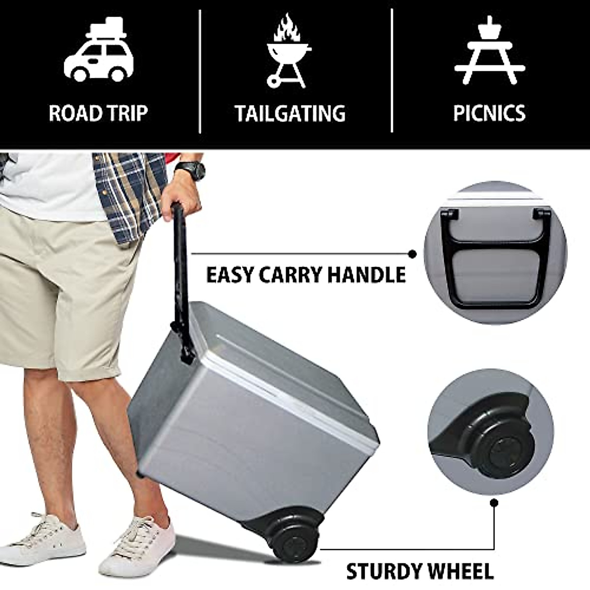 Koolatron Thermoelectric Iceless 12V Cooler/Warmer 36 qt (34 L) w/Wheels, Portable Electric Rolling Car Fridge w/ 12 Volt DC Power Cord, Gray/White, Travel Road Trips Camping, Made in North America