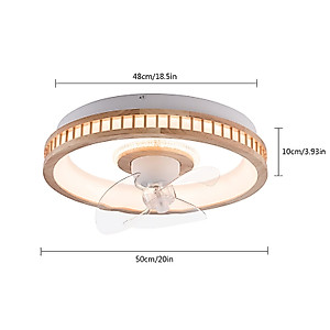 ONEPOINTPOINT Ceiling Fan with Lights 20 Inch Low Profile Flush Mount Round Wood Ceiling Light with Fan 3 Invisible Blades Remote 3 Color Dimming 6 Wind speeds for Bedroom Living Room Log Color