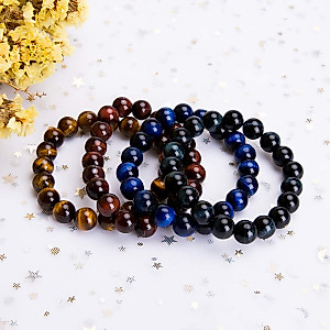 Bivei AA Quality Mens Womens 10MM Natural Tiger Eye Stone Gemstone Bead Meditation Healing Power Elastic Stretch Bracelet(Tiger Eye 4pc/Set)