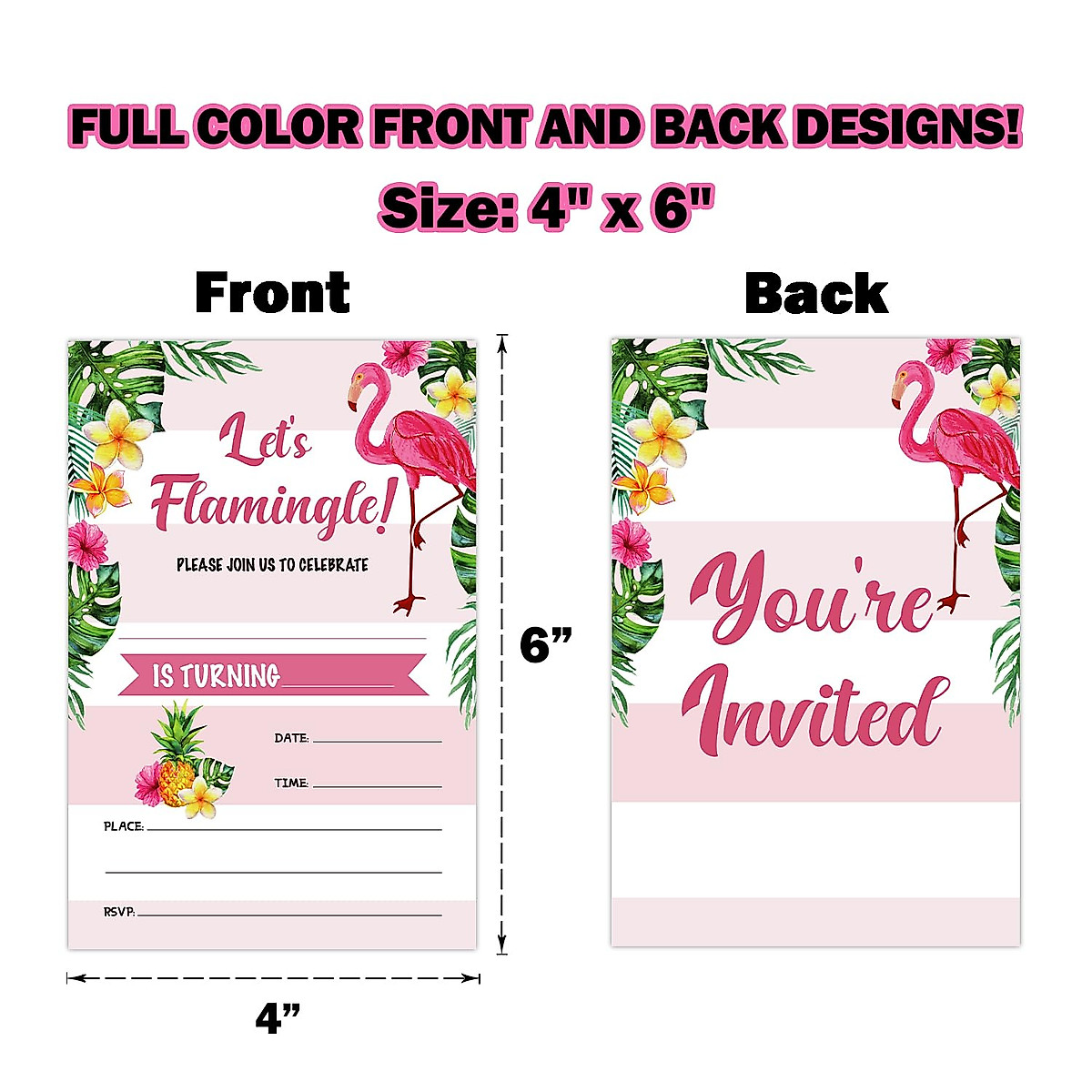 Let's Flamingle Birthday Party Invitation Cards, Summer Flamingo & Palm Leaves Pineapple Invitation for Kids Girls Boys Luau Birthday Party Celebration Supplies, 20 Invitations with Envelopes - JY646