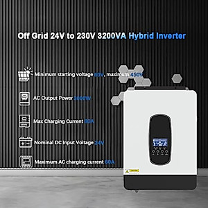 Y&H 3200W Solar Hybrid Inverter DC24V to AC230V,Off-Grid Pure Sine Wave Inverter with 80A MPPT Solar Charger+AC Charger,Max PV 3000W DC55-450V Input,fit for 24V Lead-Acid/Lithium Battery