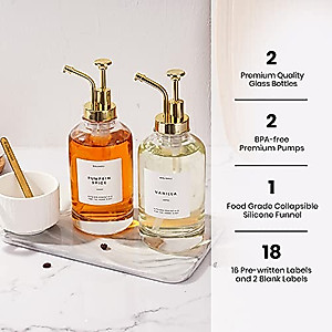 Molimoli Coffee Syrup Dispenser for Coffee Bar, Coffee Pump Dispenser, Glass Syrup Bottle w. Pumps and Labels, 16.9 oz 500 ml, Set of 2, Gold