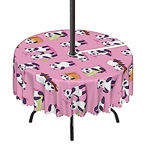 Lirduipu Animal Art Pattern Round Outdoor Tablecloth,Outdoor and Indoor Round Tablecloth with Umbrella Hole and Zipper,for Party Patio Garden Tabletop Decor(52" Round,Baby Pink and Multicolor)