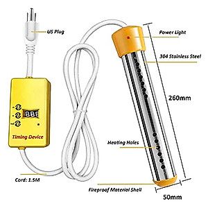 Immersion Water Heater, 1500W Portable Electric Submersible Water Heater with Timer, Stainless Steel Guard Cover and Digital Thermometer for Home Travel Camping