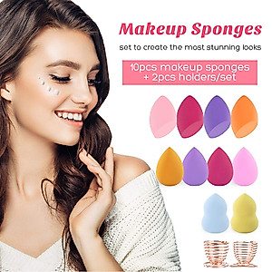 Makeup Sponges Blender Set Beauty Foundation Blending Egg Stand, Cosmetics Sponge Blender Applicators for Powder Cream or Liquid, 10pcs Beauty sponges and 2pc Makeup Sponges Holders