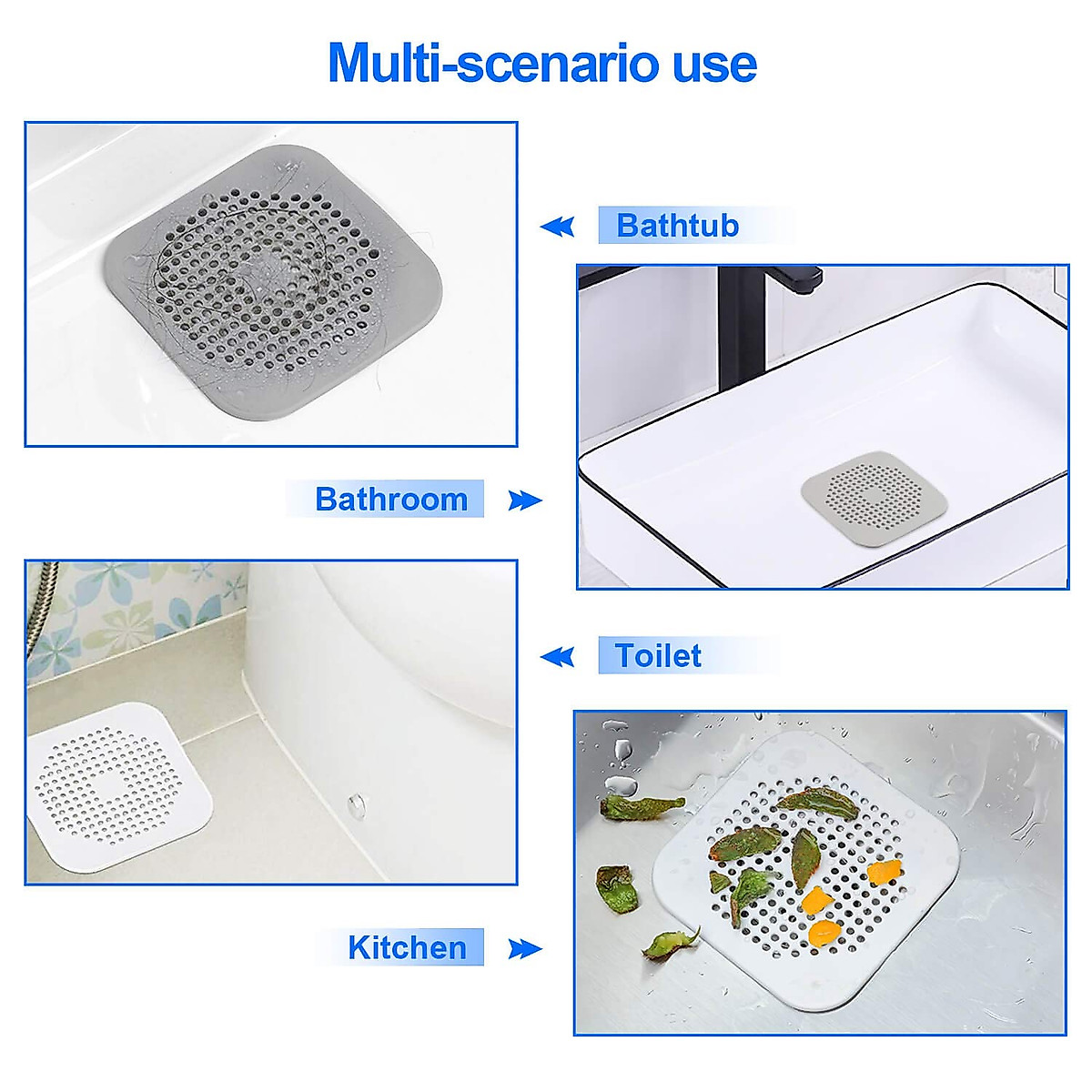 YIMSGO Drain Hair Catcher 2 Packs, Shower/Bathtub Drain Cover, Silicone Hair Catcher for Shower, Square Drain Stopper for Tub,Kitchen,Bathroom Gray/White