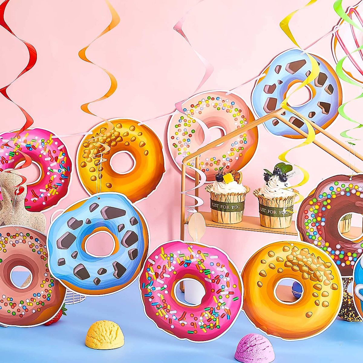 34 Pcs Donut Party Decorations Include 2 Pcs Donut Garland Banner and 32 Pcs Donut Hanging Swirl Party Supplies for Birthday Baby Shower Grow Up Party Favors