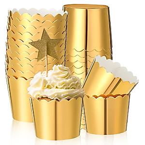 100 Pcs Foil Cupcake Liners Sturdy Muffin Baking Cups Cupcake Wrappers for Christmas Wedding Birthday Party Decoration, 1.93 x 1.8 Inch (Gold)