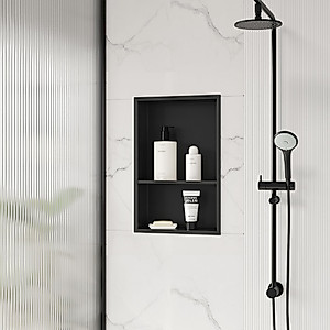 Qeke Stainless Steel Shower Niche 18" X 12", No Tile Needed Wall Niche Double Shelves, Recessed Niche Shower for Bathroom Storage, Matte Black
