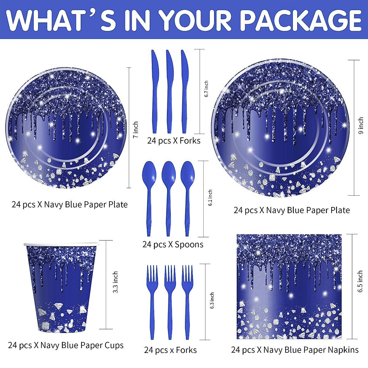 YJRJSC Navy Blue Plates And Napkins Party Supplies - Blue And Silver Party Decorations Tableware, Paper Plate, Napkin, Cup, Cutlery, Blue Glitter Bridal Shower Birthday Table Decorations | Serve 24