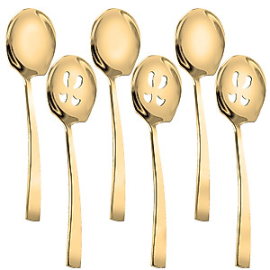 HANSGO Serving Spoons Set, 3 Serving Spoons and 3 Slotted Spoons, 9 Inch Stainless Steel Serving Utensils Set for Buffet Banquet Kitchen, Gold