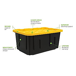 HOMZ 27 Gallon Durabilt Tough Storage Container, Black Base, Yellow Lid, Stackable, 4-Pack