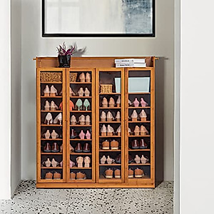 MoNiBloom Shoe Cabinet with Acrylic Doors, 9 Tier Bamboo Free Standing Shoe Shelf Storage Organizer with Side Hooks for 41-45 Pairs Home Entryway, Brown