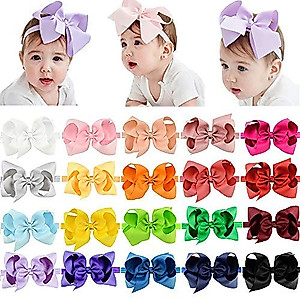 jollybows 20pcs Baby Girls Grosgrain Ribbon Hair Bows Headbands 6" Elastic Hair Band Hair Accessories for Infants Newborn (Multicoloured 6“ Bows Elastic Headband)