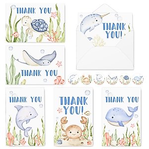 Whaline 30 Pack Under the Sea Thank You Cards with Envelopes Stickers Watercolor Ocean Animal Baby Shower Thank You Cards for Greeting Birthday 4 x 6 Inch