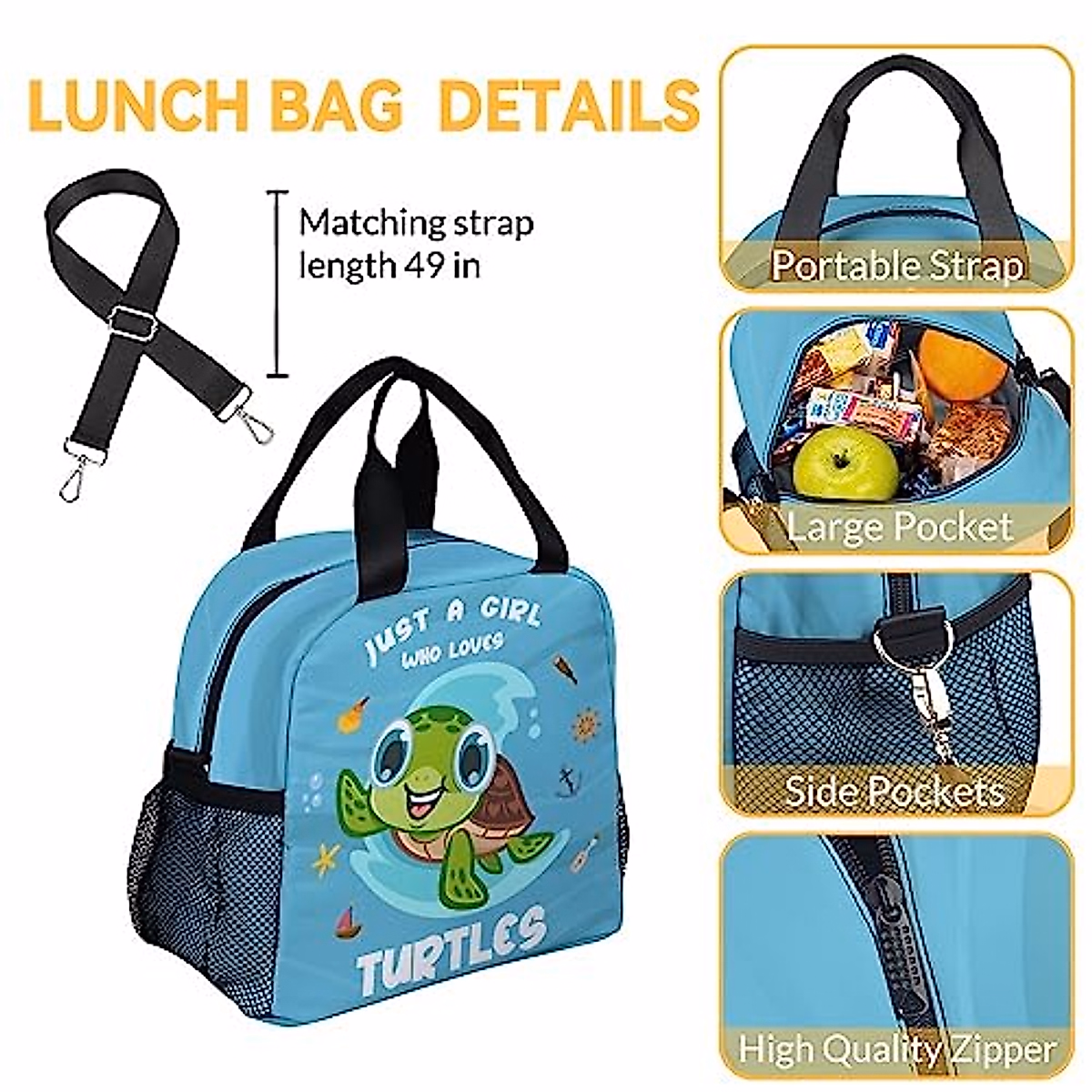 KAXVZER Sea Turtle Girls Backpack with Lunch Box Set - 3 in 1 School Backpacks Matching Combo - Cute Blue Bookbag and Pencil Case Bundle