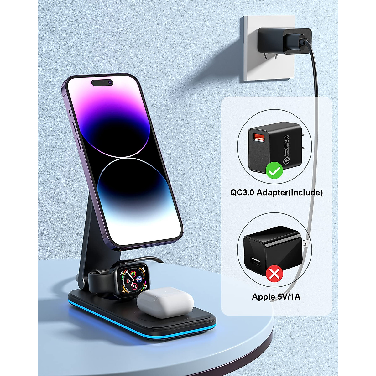 BOCLOUD 3 in 1 Wireless Charging Station, Portable Charging Stand Fast Wireless Charger for iPhone 15, 14,13,12 Pro Max/Pro/Mini, iWatch 8/SE2/7/6/SE/5/4/3/2, AirPods Pro/3/2