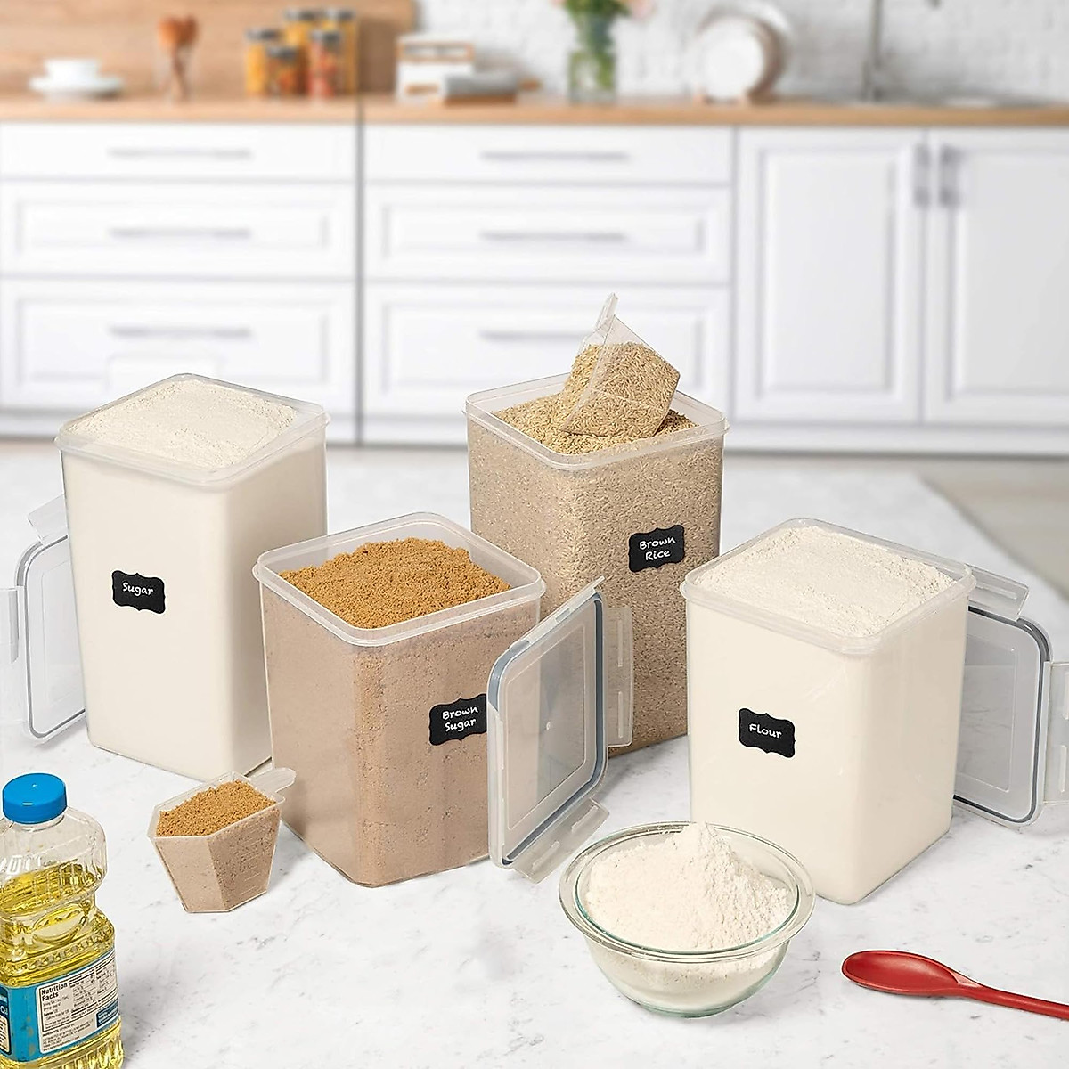 XXL 6.5L / 250 Oz x 2 & XL 5.2L / 175 Oz x 2 - WIDE & DEEP Food Storage Airtight Containers [Set of 4] + Free 4 Measuring Cups + Labels - Ideal for Sugar, Flour Leakproof BPA Free Clear Plastic