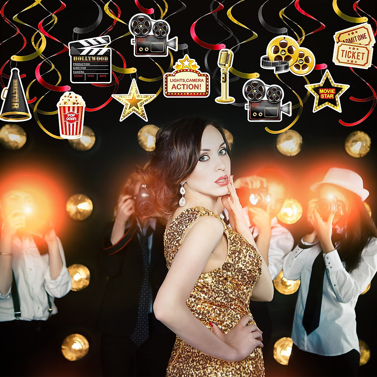 Movie Night Party Decorations Kit Now Showing Movie Theme Hanging Swirls Black Gold Foil Supplies for Bridal Shower Birthday Party Movie Night Party
