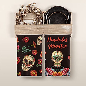 Artoid Mode Skull Flowers Dia de Los Muertos Halloween Kitchen Towels Dish Towels, 18x26 Inch Day of The Dead in Mexico Decor Hand Towels Set of 2