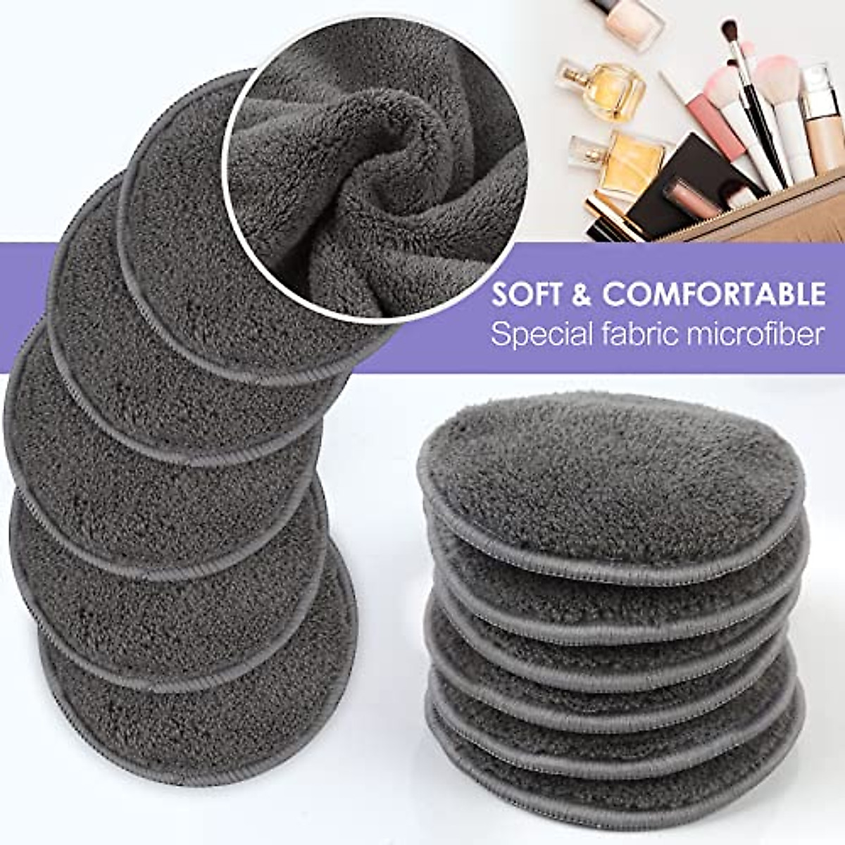 SUNLAND Reusable Makeup Remover Pads for Face,Eye,Lips 16 Pack Microfiber Face Cleansing Gloves Washable with Laundry Bag and Travel Bag Rounds Toner Pads (Round 3.15inchx16, Dark Grey)