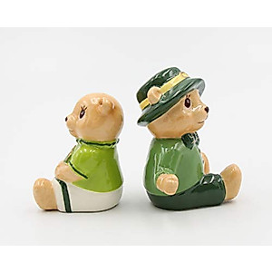 Fine Ceramic Irish St. Patrick Teddy Bear with Shamrock Prints Design Salt & Pepper Shakers Set, 3-1/2"