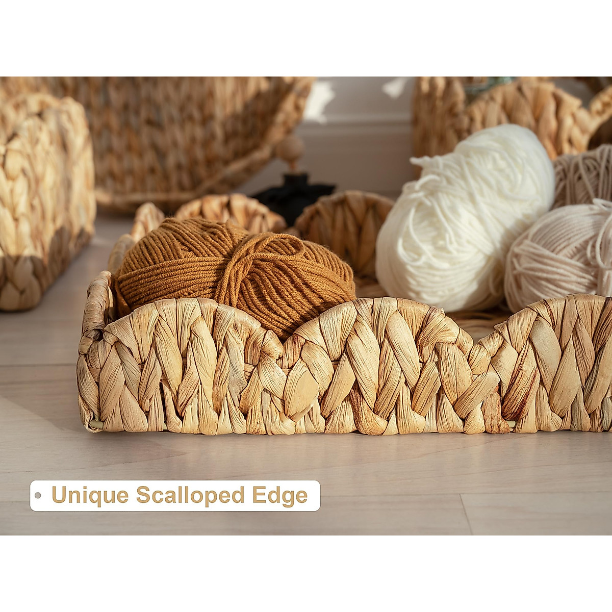 StorageWorks Scalloped Tray, Wicker Tray with Handles, Woven Square Rattan Tray, Scallop Basket Table Décor Trays, Water Hyacinth Rattan Serving Tray for Ottoman Decorative and Organizer Trays