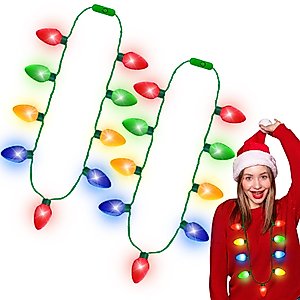 Christmas Party Favors, 2PCS Light Up Christmas Necklace, 3 Modes Christmas Necklace, LED Christmas Accessories for Kids Red Yellow Blue Green Bulbs Glow Necklaces New Year Ugly Sweater Party