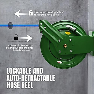 RMX BluSeal Auto Retractable Water Hose Reel with Hot & Cold Water Rubber Garden Hose, Spray Nozzle - Ultra Light, Super Strong with 6' Lead-in Hose (3/4” x 50’ Green)