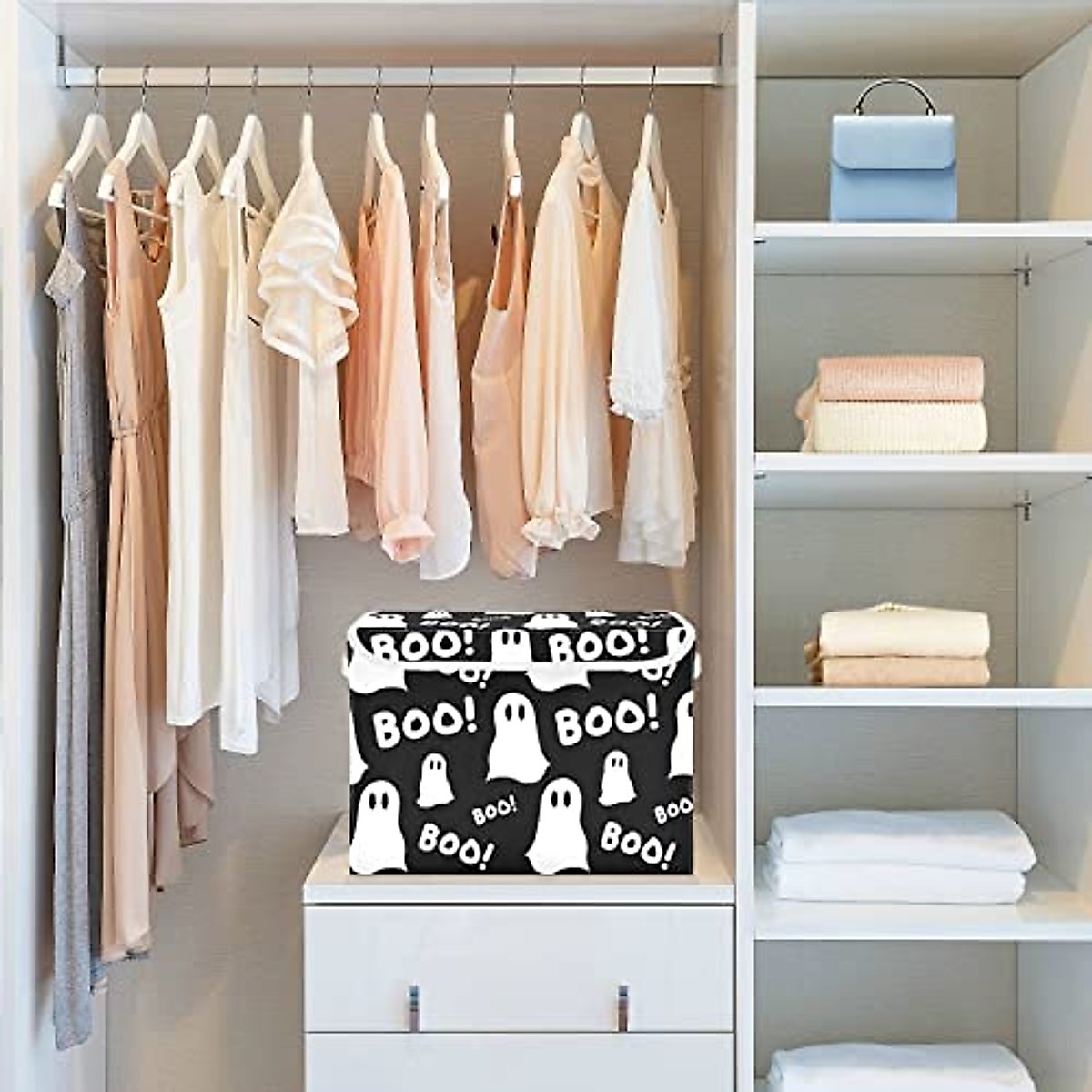 CaTaKu Halloween Ghosts Black Storage Bins with Lids and Handles, Fabric Large Storage Container Cube Basket with Lid Decorative Storage Boxes for Organizing Clothes