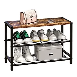Yusong Shoe Rack, 3 Tier Shoe Organizer Storage for Closet Entryway, Narrow Slim Metal Shoe Shelves with Industrial Wooden Top, Rustic Brown and Black