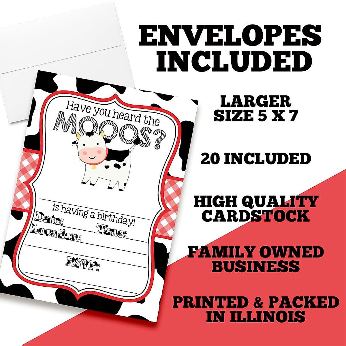 Heard the Moos Red Cow-Themed Birthday Party Invitations for Kids, 20 5x7 Fill In Cards with Twenty White Envelopes by AmandaCreation