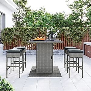 LCH Counter Height Bistro, Outdoor 5-Piece PE Rattan Dining, Weather Square Kitchen Table with Storage Shelf and 4 Padded Stools, Grey, Patio Wicker Bar Set 1