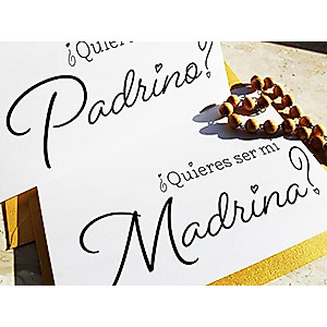 Spanish Will you be my Godparents Cards (Madrina & Padrino) - Godmother & Godfather Proposals in Black-and-White Lettering, with Golden Shimmer Envelopes (Set of 2 cards) (Madrina & Padrino)