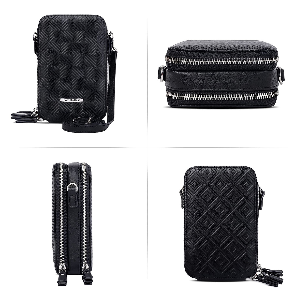 Crossbody Bags for Women, Women Wallet in Rhombus Embossed Pattern with RFID Blocking Can Fit Most Phone (Black)