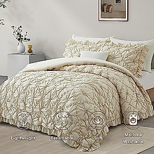 BEDAZZLED Comforter Set King Size, Pinch Pleat Exquisite Bedding, Bed in a Bag with Ruffled Shams All-Season Down-Alternative, Beige(102"*88")