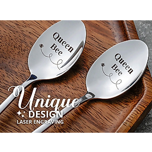 INNObeta Bee Gifts for Women, Engraved Ice Cream Spoons, 2 Pcs Stainless Steel Coffee Spoon, Queen Bee